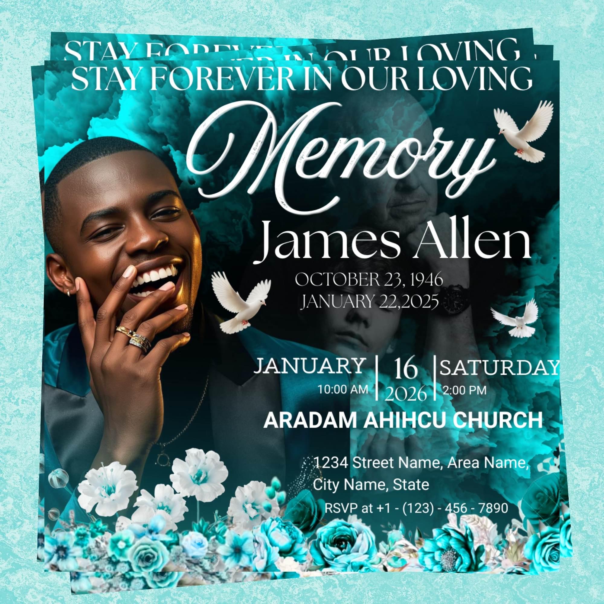 Editable Funeral Flyer & Memorial Announcement Template in Teal, RIP ...