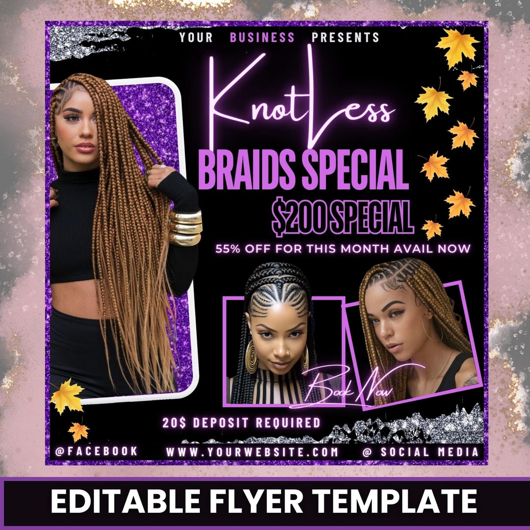 Knotless Braids Flyer: Customizable Braiding Pricelist - Canva Template ...