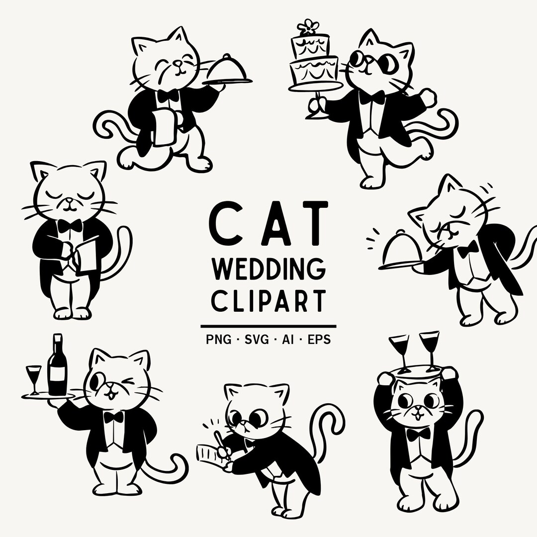 Hand Drawn Cat Wedding Clipart (SVG & PNG) - Whimsical Wedding Waitress ...