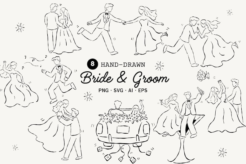 Hand Drawn Bride and Groom SVG Clipart, Whimsical Wedding Couple ...