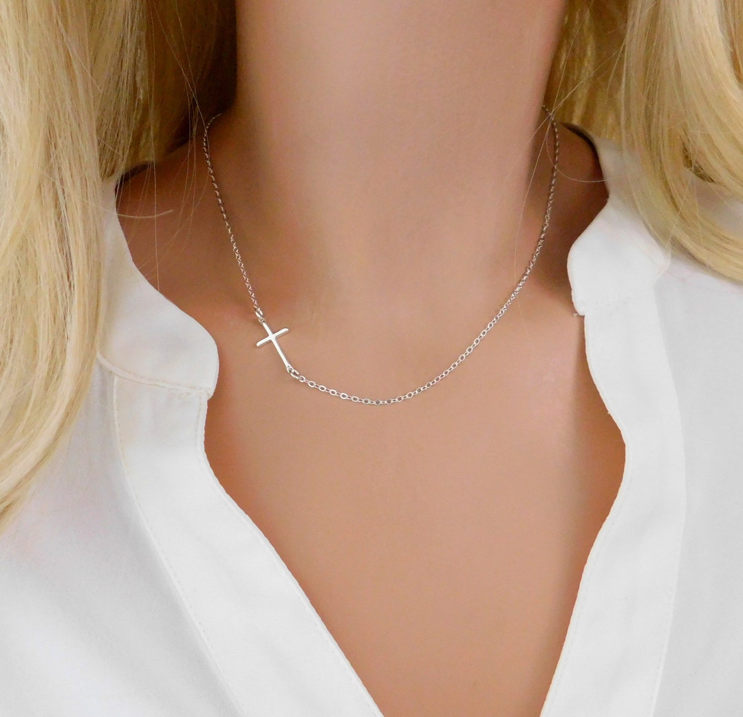 Sideways Cross Necklace Sterling Silver Cross Chain Religious Necklace For Women Christian