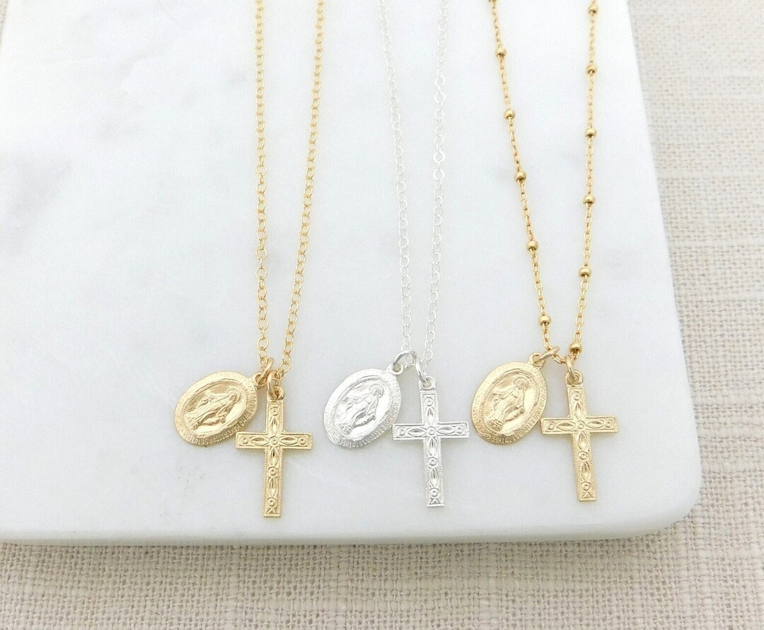 Virgin Mary Necklace With Cross, Gold Filled Catholic Medal, Religious ...
