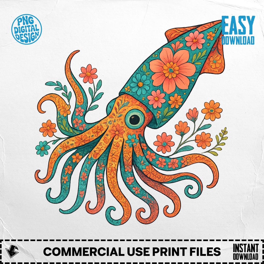 Floral Squid Digital Download PNG, Teal and Orange Squid Art, Flower ...
