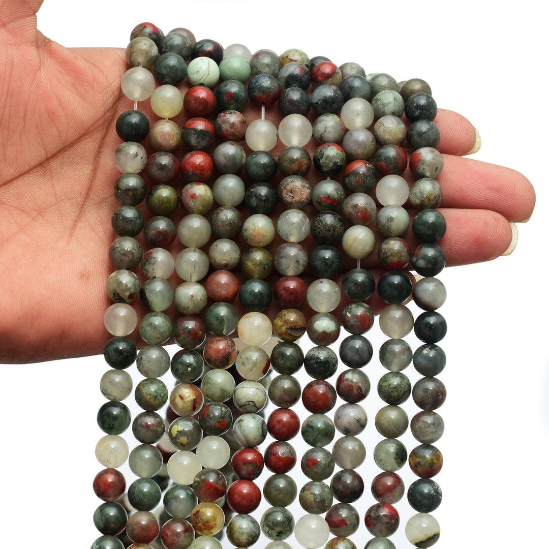 African Bloodstone Gemstone Bead Strand: 6mm, 8mm, 10mm Round Beads, 15 ...