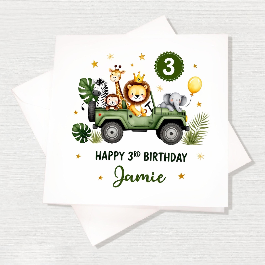 Safari Animals 3rd Birthday Personalised Card, Three Year Old Custom ...