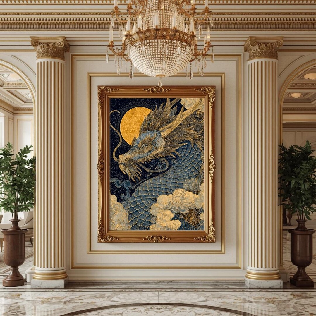 Golden Moon Dragon Poster Japanese Dragon Wall Art Celestial Mythology ...
