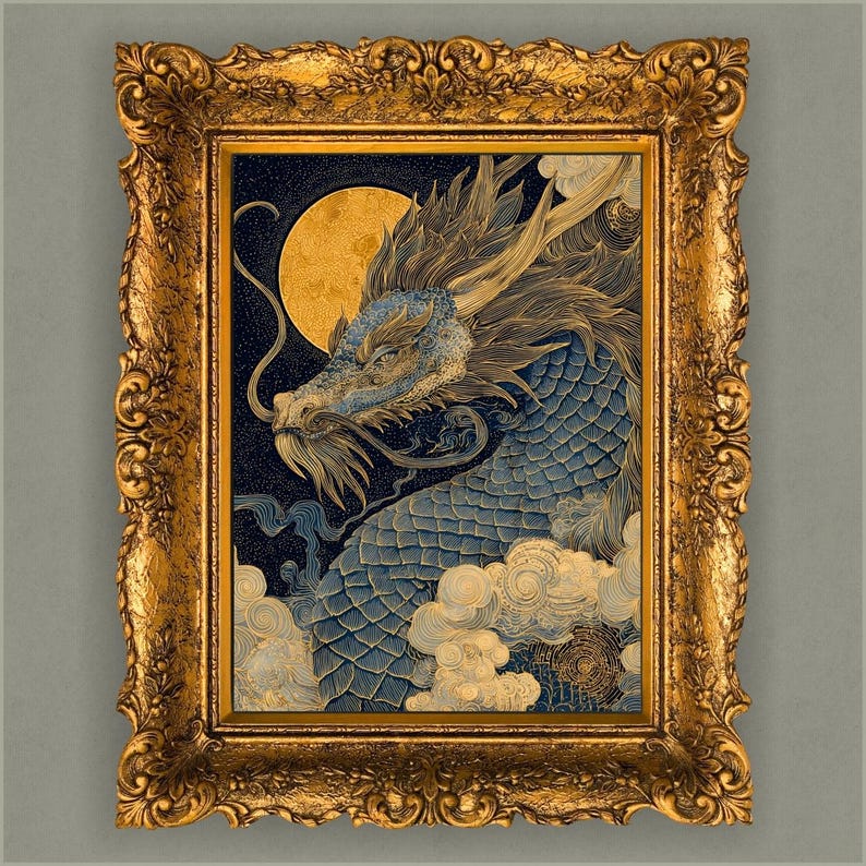 Golden Moon Dragon Poster Japanese Dragon Wall Art Celestial Mythology ...