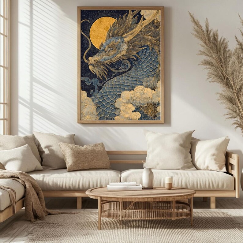Golden Moon Dragon Poster Japanese Dragon Wall Art Celestial Mythology ...