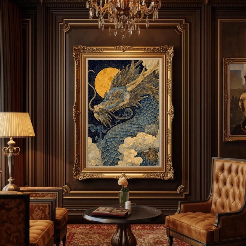 Golden Moon Dragon Poster Japanese Dragon Wall Art Celestial Mythology ...