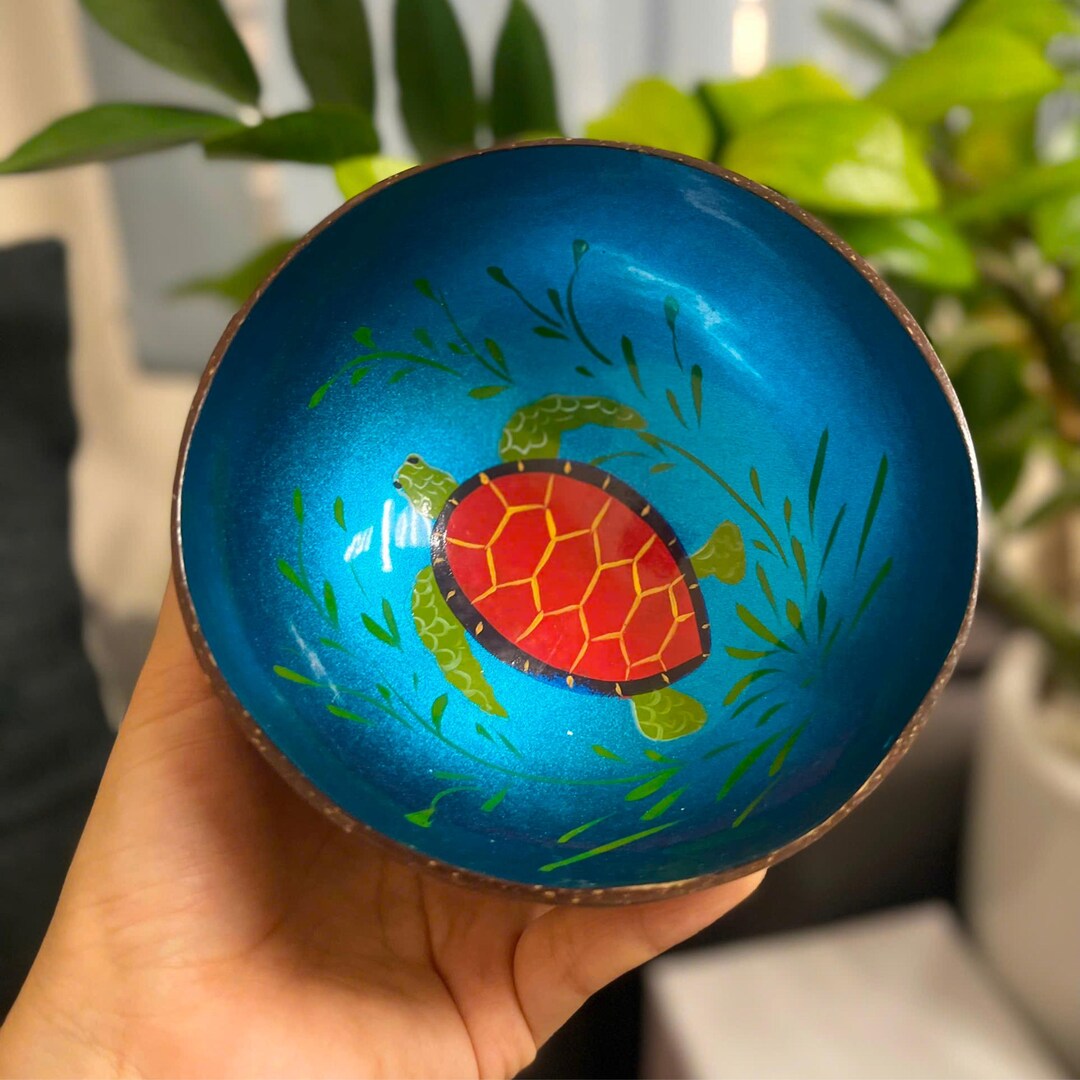Handmade Coconut Shell Bowl Sea Turtle Lacquer Art – Tropical Decor ...