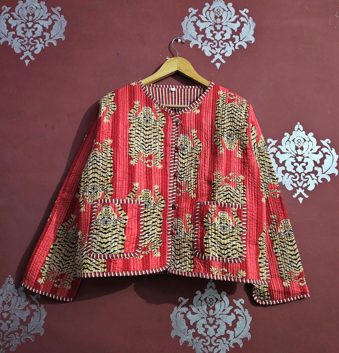 Tiger Block Print Quilted Jacket: Vintage Style Patchwork Cotton - Etsy