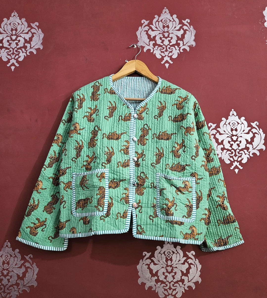 Tiger Block Print Quilted Cotton Jacket: Reversible Boho Coat - Etsy