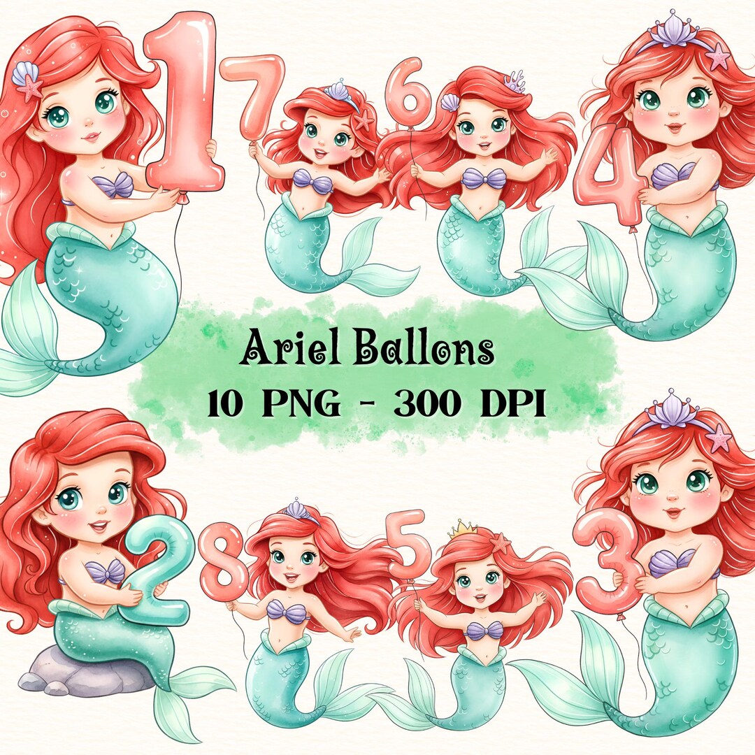 Princess Ariel Ballon Cliparts, Watercolor Mermaid Holding Number ...