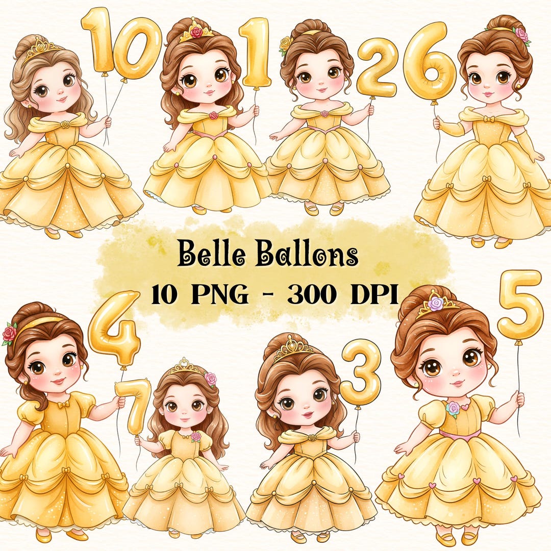 Princess Belle Ballon Cliparts, Watercolor Belle Holding Number Ballons ...