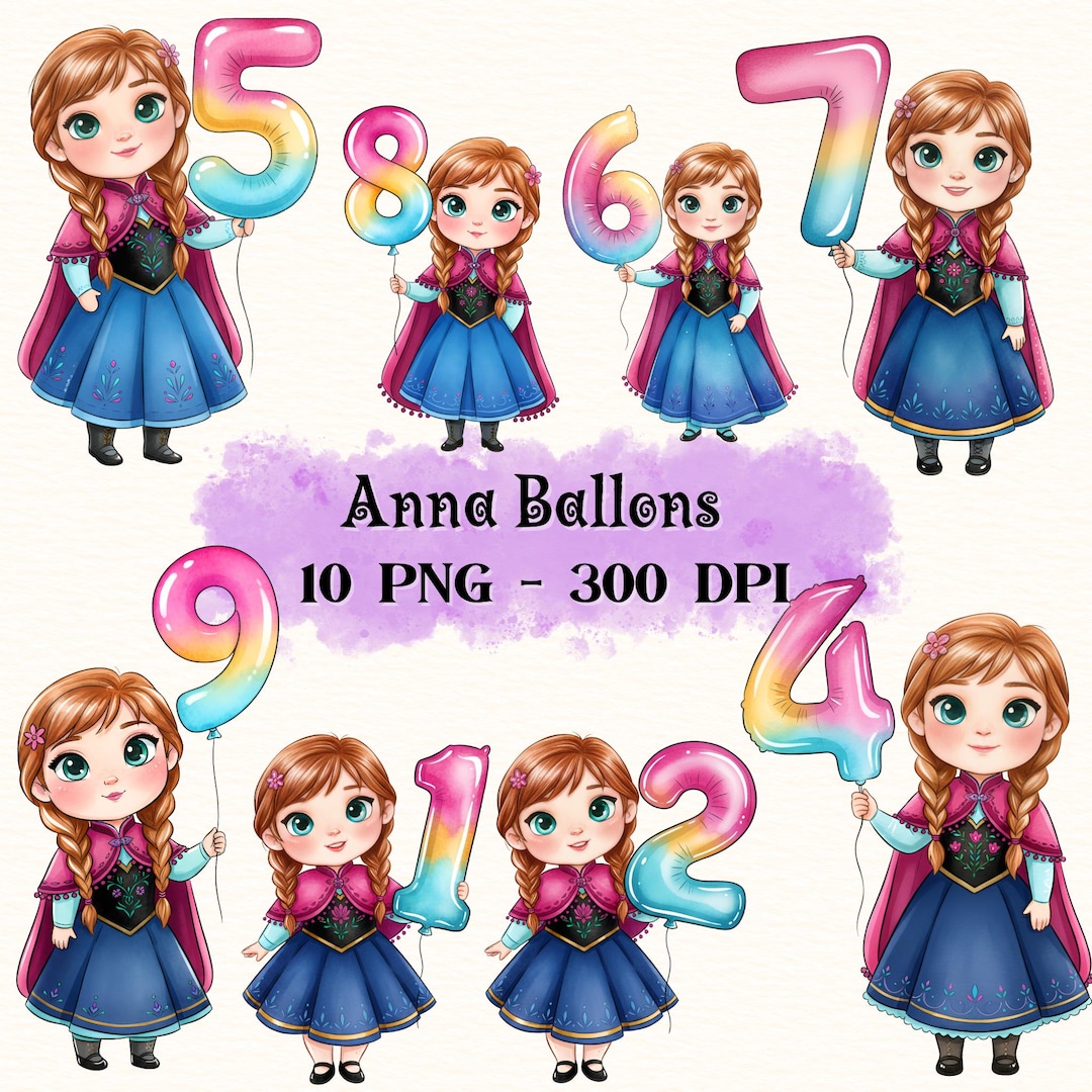 Princess Anna Ballon Cliparts, Watercolor Anna Holding Number Ballons ...