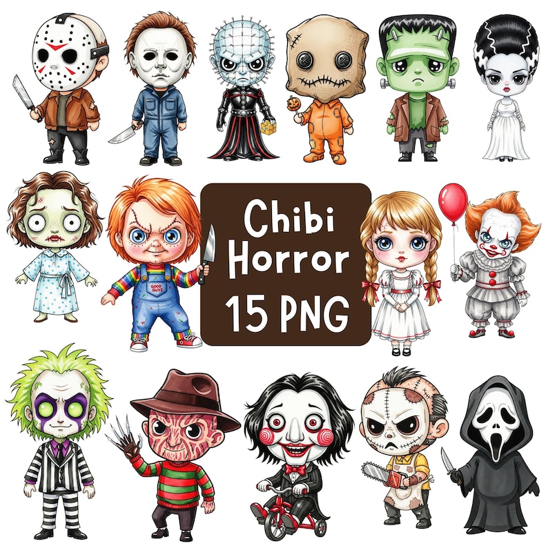 Chibi Horror Villains Clipart Bundle, Cute Watercolor Clipart, Creepy ...