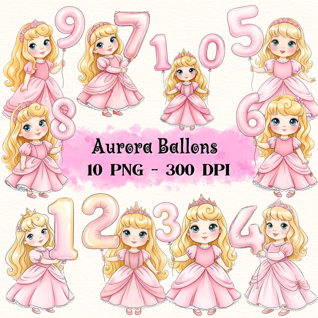 Princess Aurora Ballon Cliparts, Watercolor Aurora Holding Number ...