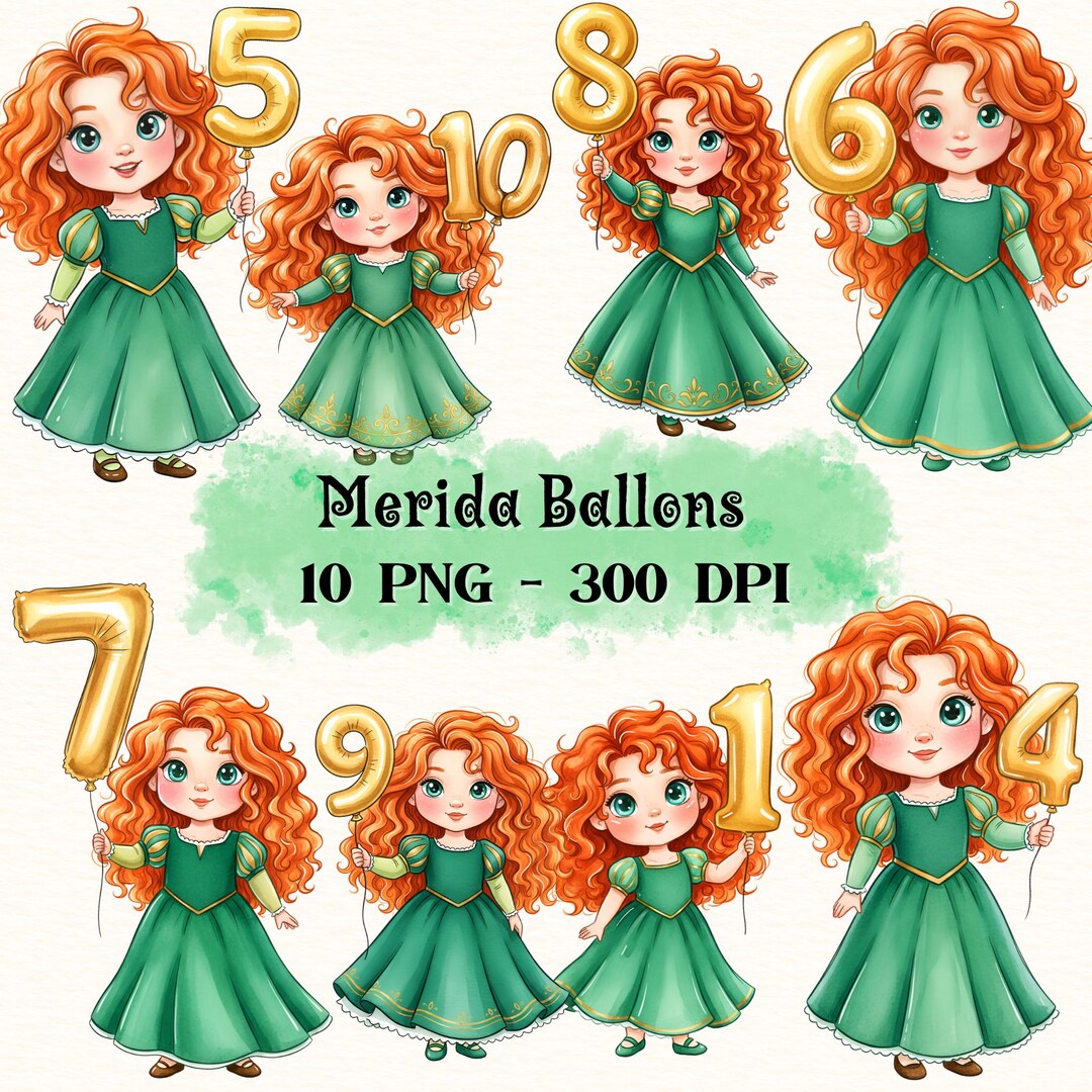 Princess Merida Ballon Cliparts, Watercolor Merida Holding Number ...