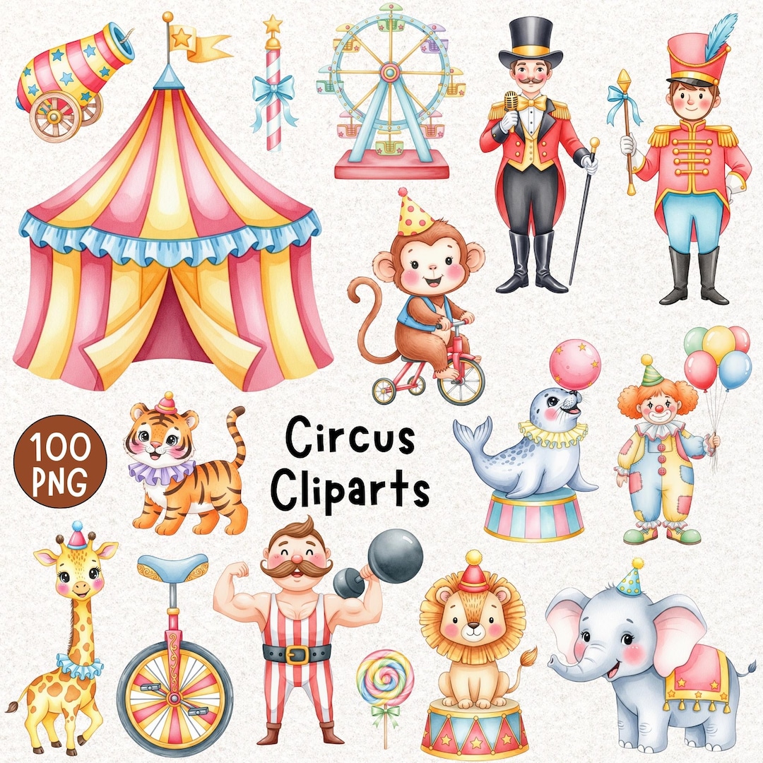 Circus Watercolor Cliparts, Cute Carnival Animals, Circus PNG, Boho ...