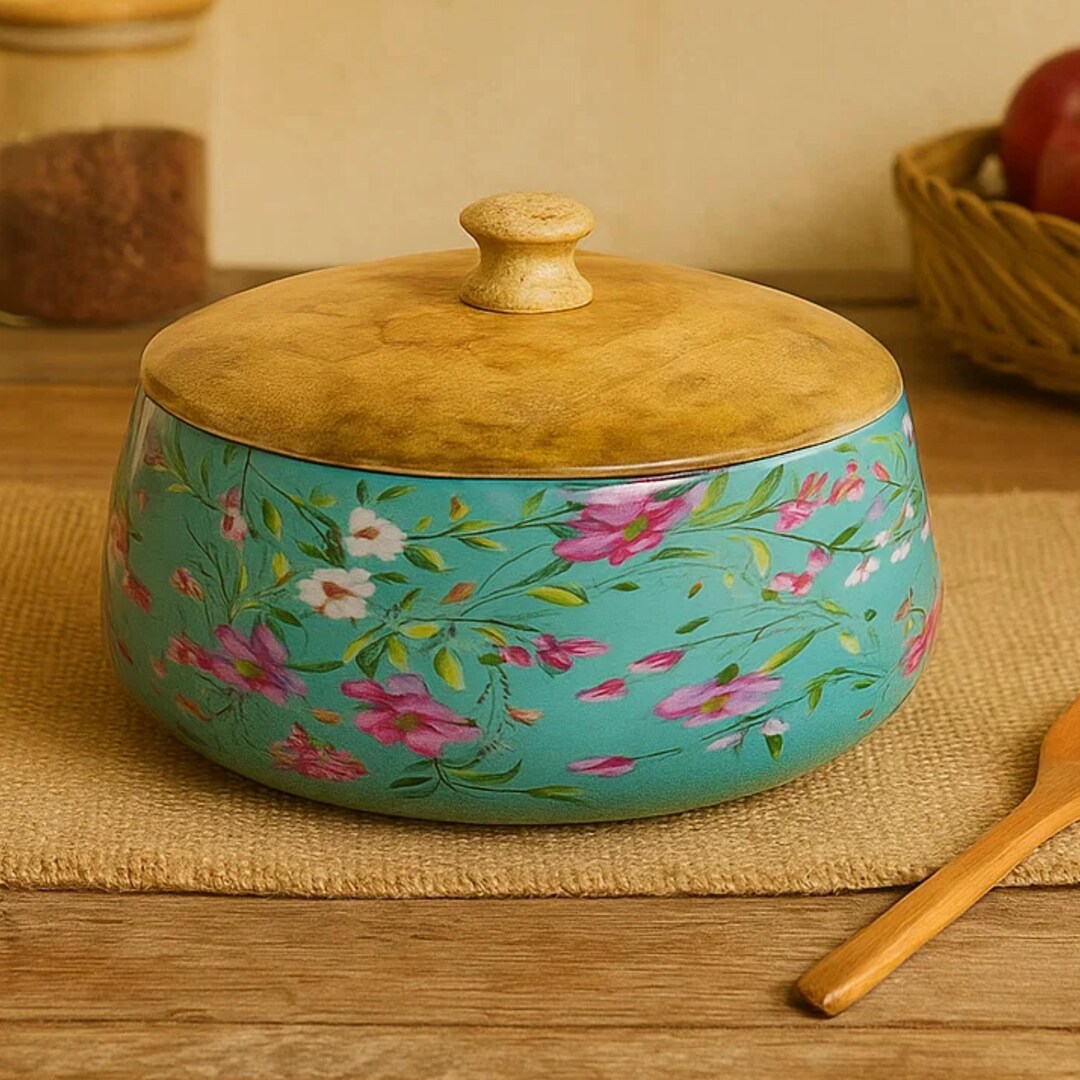 Handcrafted Blue Ceramic Chapati Box | Wooden Lid Hotpot | Roti ...
