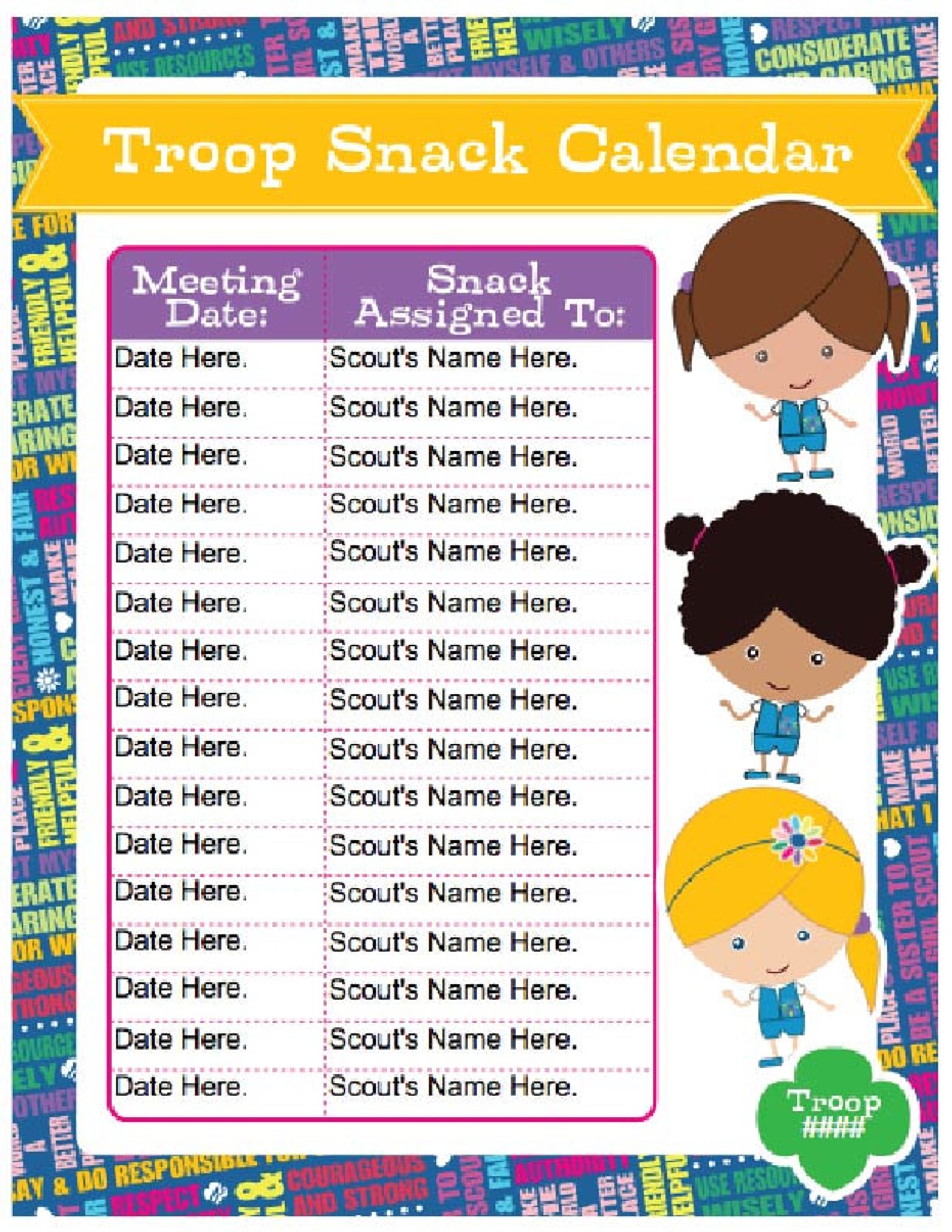 Daisy Girl Scout Snack Calendar - Editable Printable - Instant Download ...
