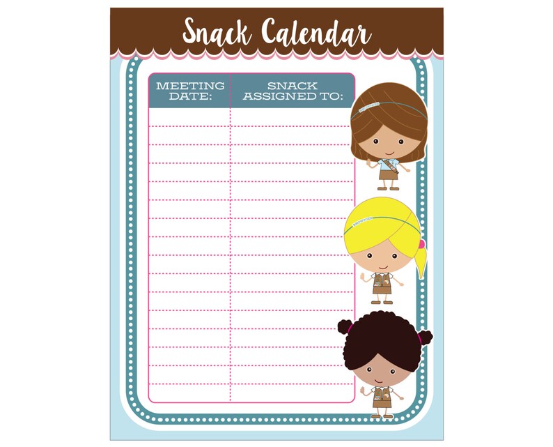 Brownie Girl Scout Snack Calendar - Editable Printable - Instant ...