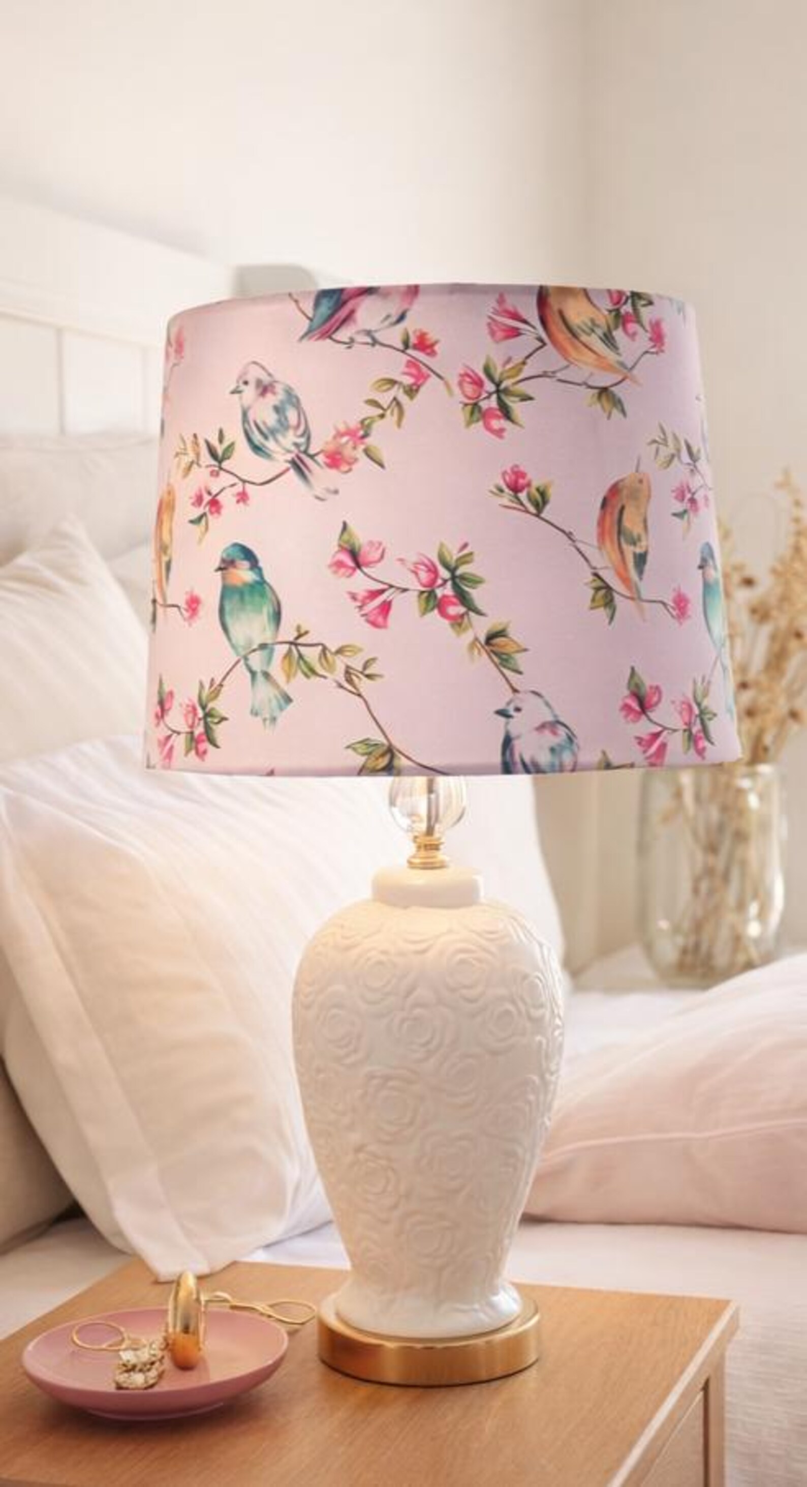 Heavenly Pink Lamp Shade, Bedroom Accessory, Floral Bird Print, Bedroom ...