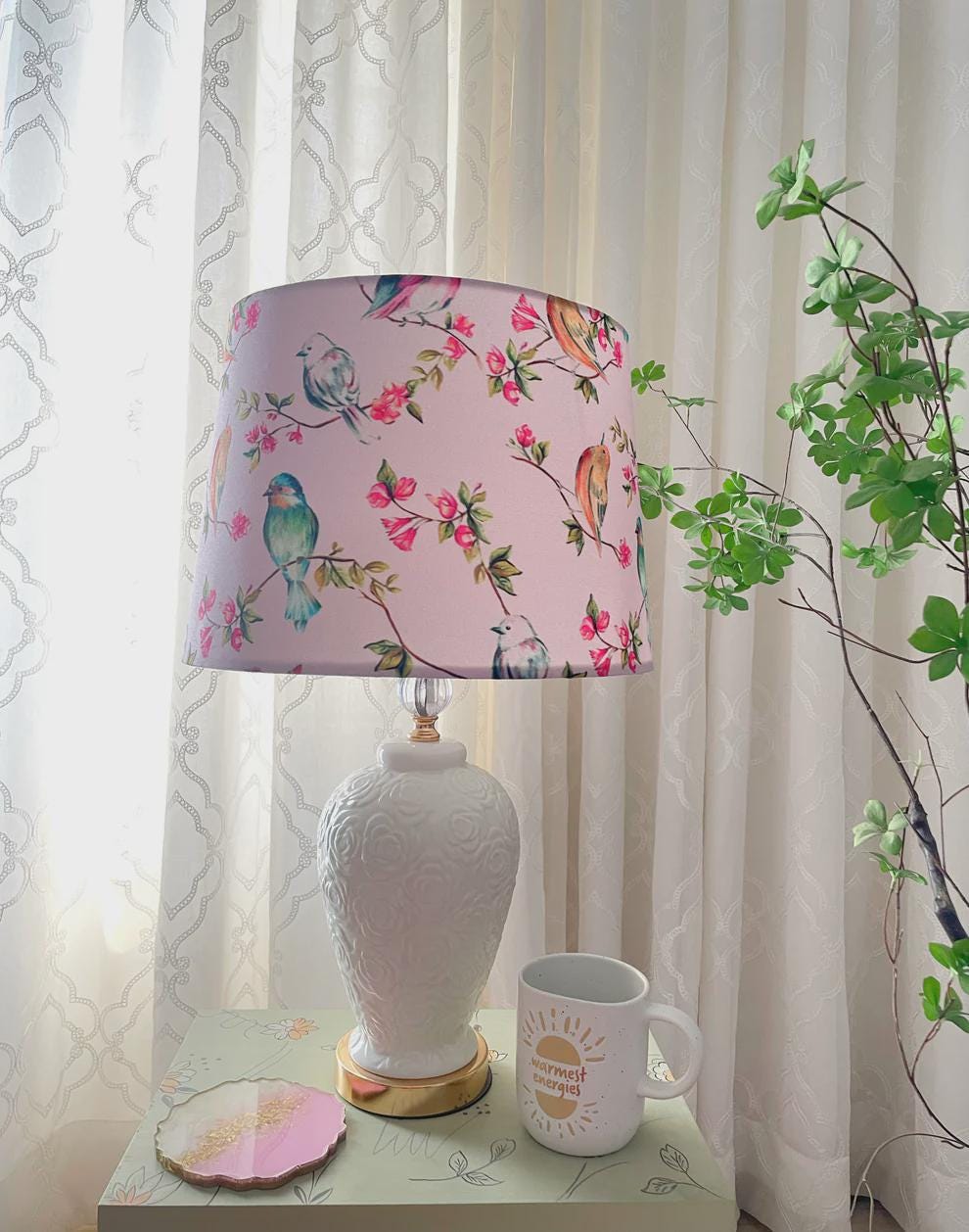 Heavenly Pink Lamp Shade, Bedroom Accessory, Floral Bird Print, Bedroom ...