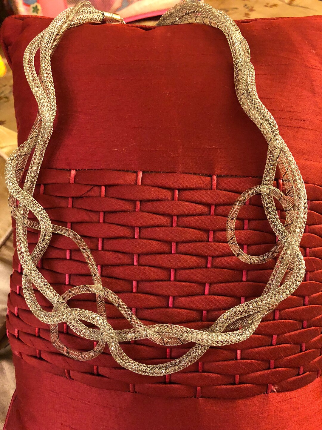 34" Multi Layers Silver Color Plastic Mesh Necklace With Swarovski ...