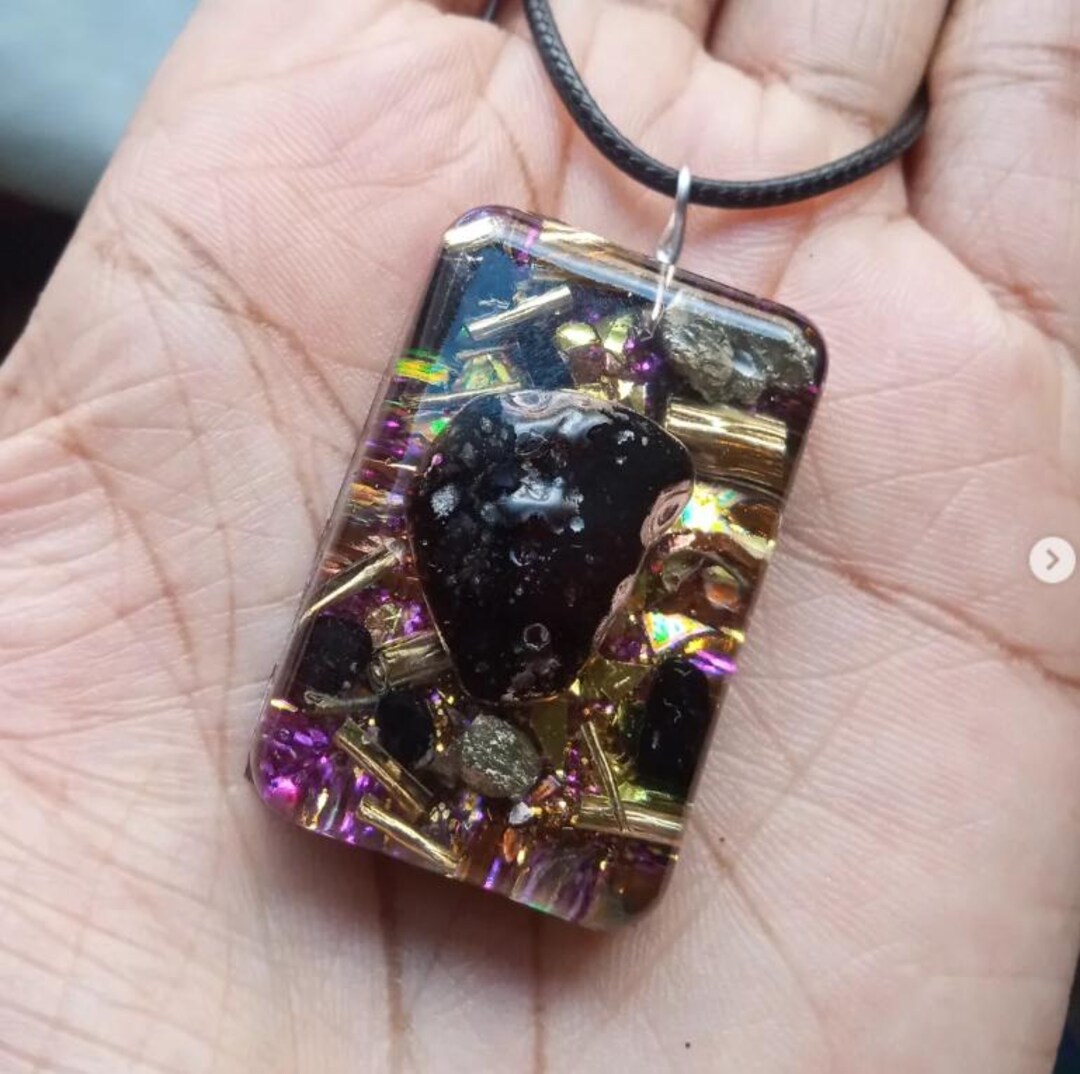 Meteor Surge Gemstone & Resin Pendant Necklace Tektite, Pyrite, Black ...
