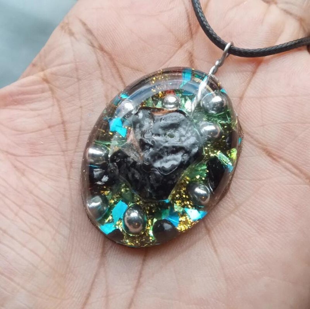 Meteorite Scene Gemstone & Resin Pendant Necklace Tektite, Black ...