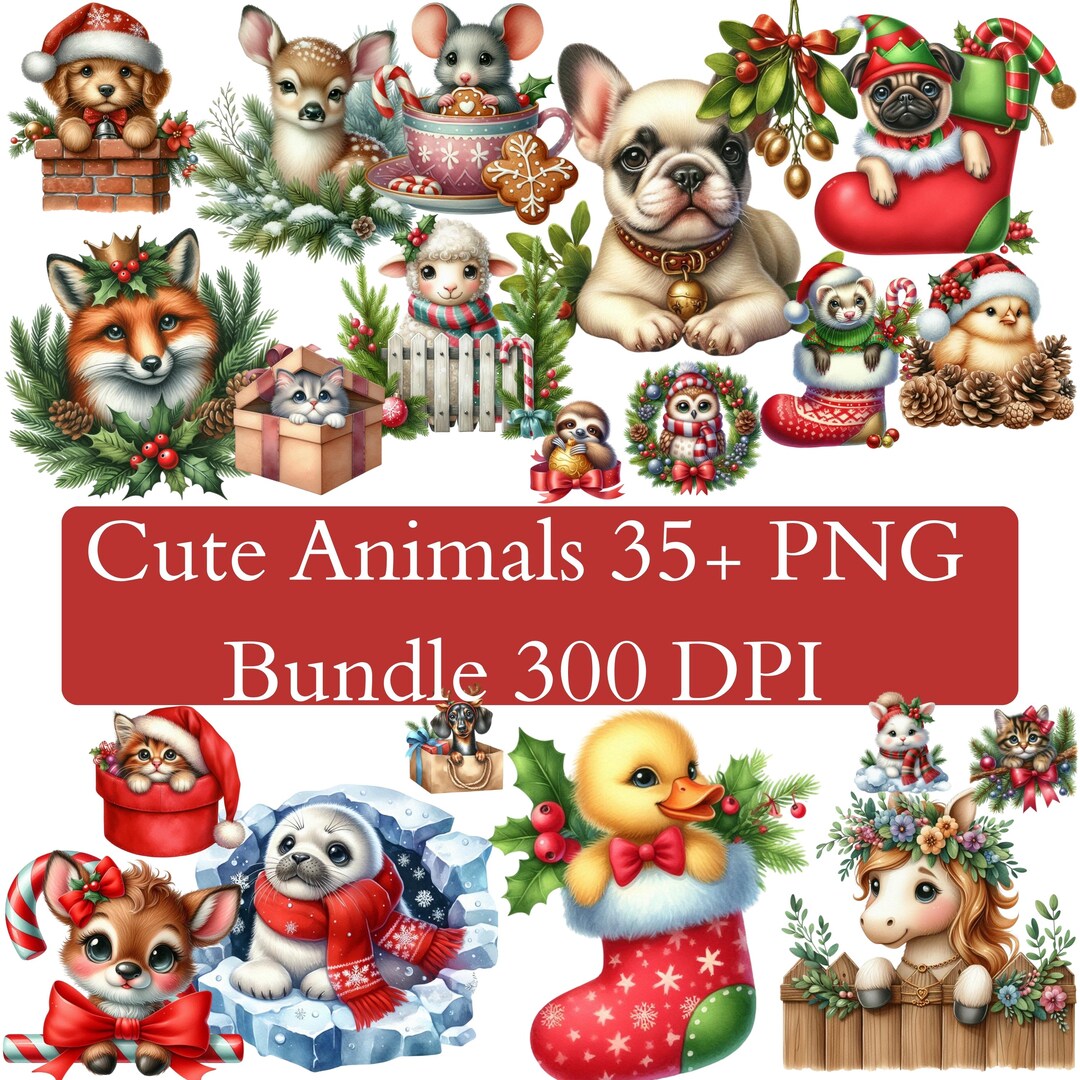 Christmas Animal Clipart: Watercolor Santa's Village (digital Download ...