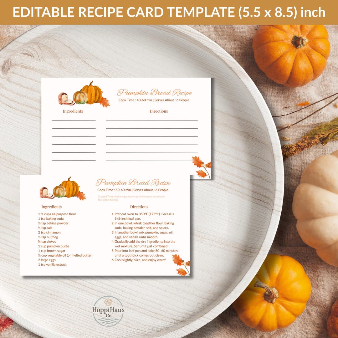 Pumpkin Bread Recipe Card Template: Editable Fall Printable (digital ...