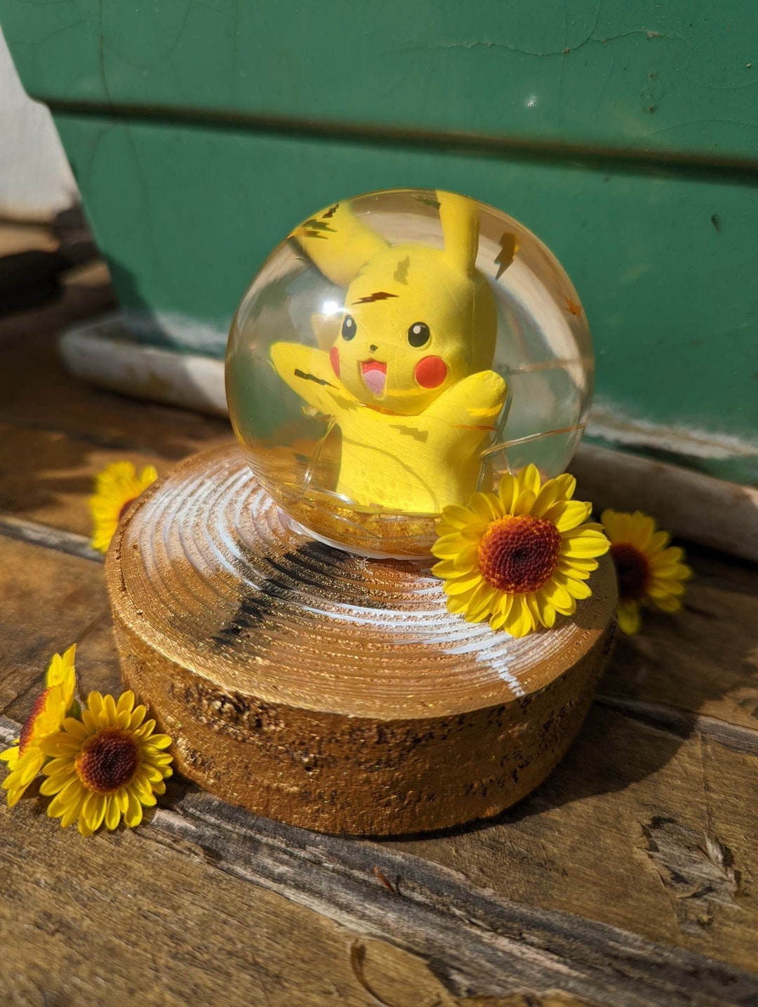 Pikachu Thunderbolt Fairy Light on Hand Painted Wood Round Night Light ...