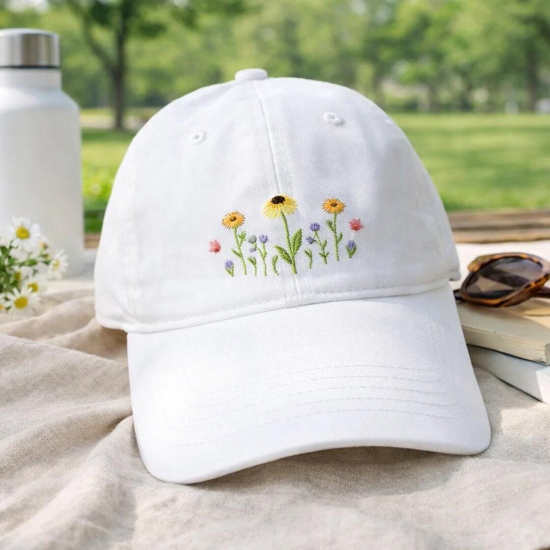 Embroidered Wildflower Baseball Cap White Dad Hat Minimal Floral Nature ...