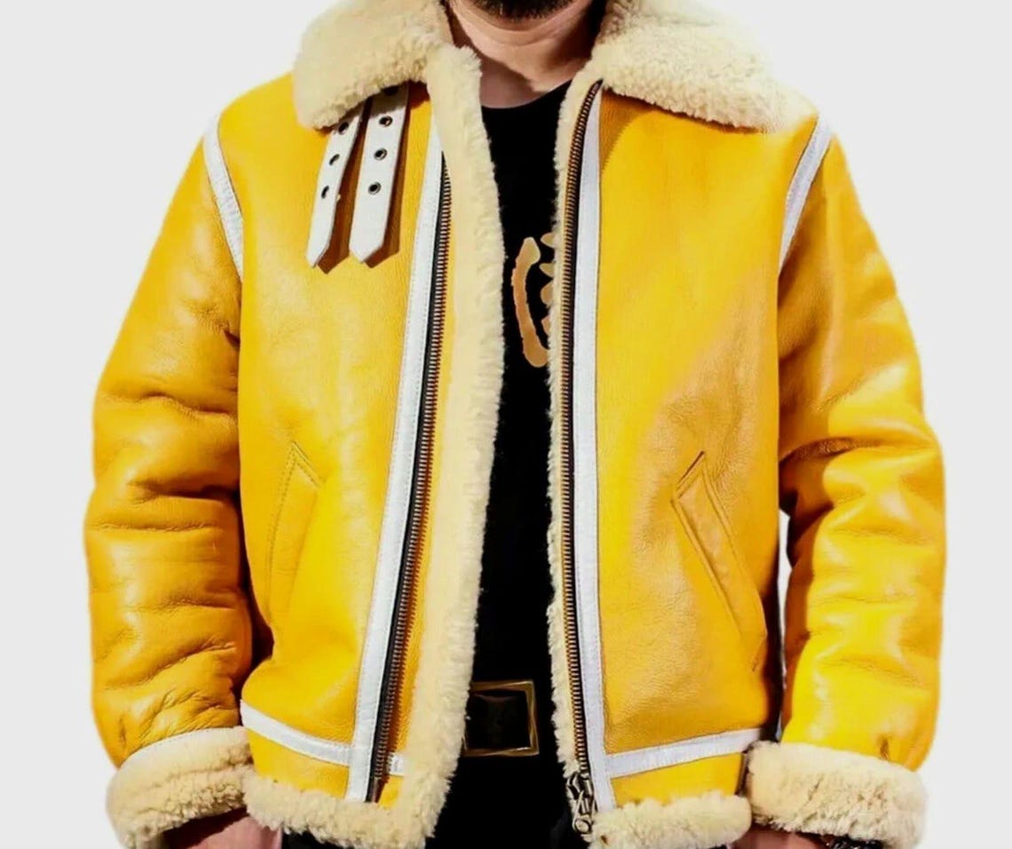 Yellow Shearling Leather Jacket – Men's Aviator Style Winter Coat - Etsy