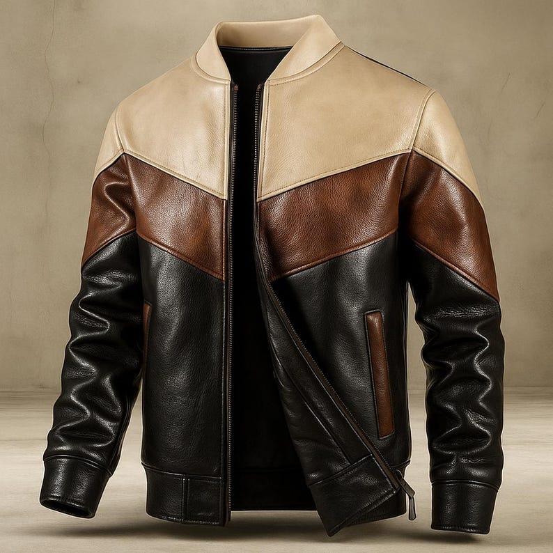 Men’s Color Block Leather Jacket – Black, Brown & Beige Bomber Style ...