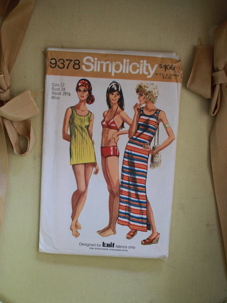 Simplicity 9378 - 1970's Bikini and Beach Dress Pattern - Sheath Dress in Two Styles - Size 12 ...