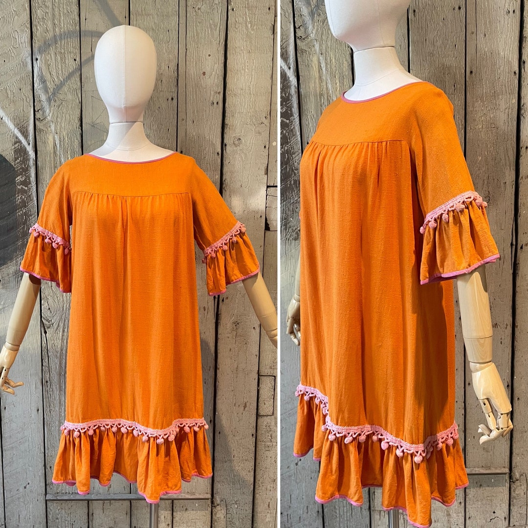 Beautiful 1960’s Orange Raw Cotton Summer Smock With Pink Pompom Trim ...