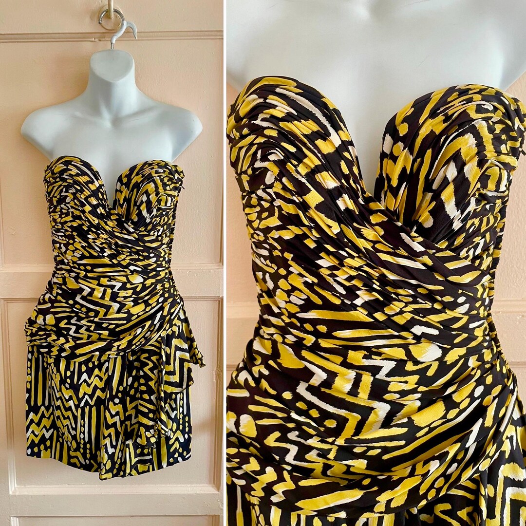 Vintage Rare 1980’s Strapless, Yellow and Black Printed Silk Bustier ...