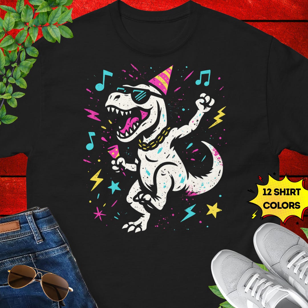 Funny Dinosaur Party Shirt, T-rex Rave Festival Tee for Men and Women ...