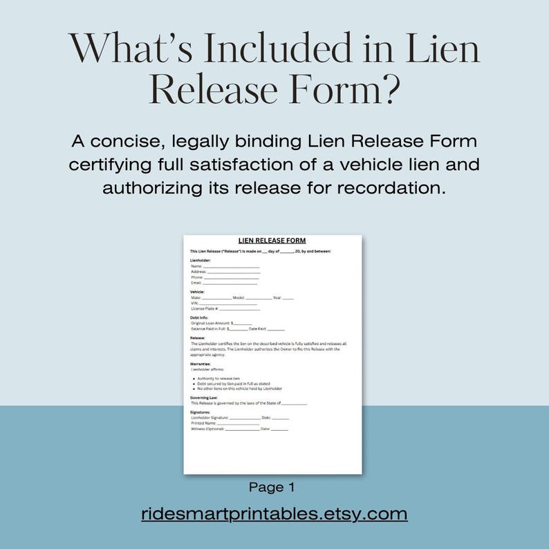 Lien Release Form Template – Printable & Fillable PDF for Vehicle Loan ...