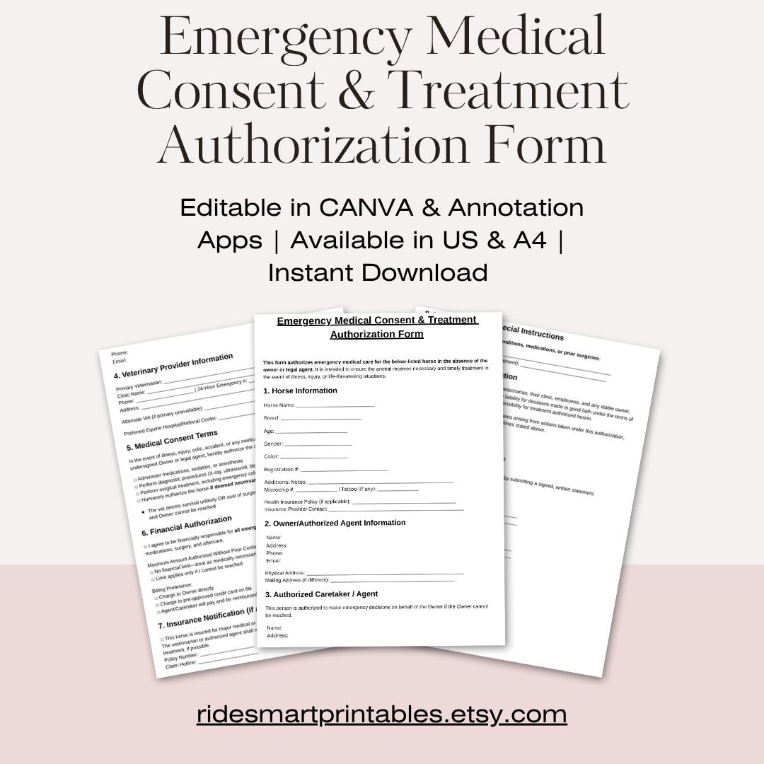 Emergency Medical Consent Form for Horses | Editable Equine Treatment ...