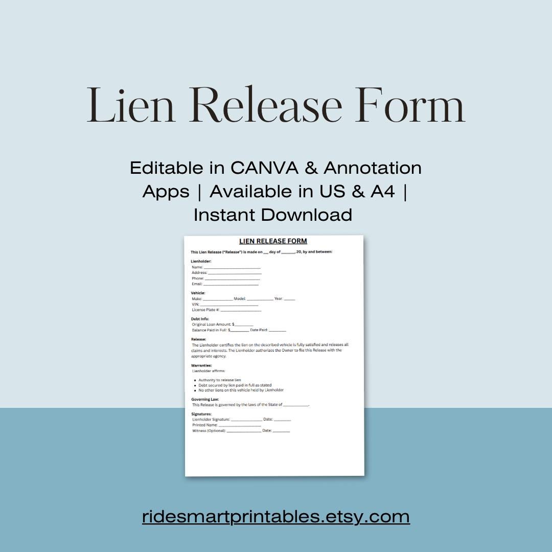 Lien Release Form Template – Printable & Fillable PDF for Vehicle Loan ...