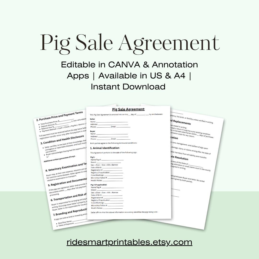 Pig Sale Agreement | Livestock Bill of Sale | Pig Purchase Contract ...