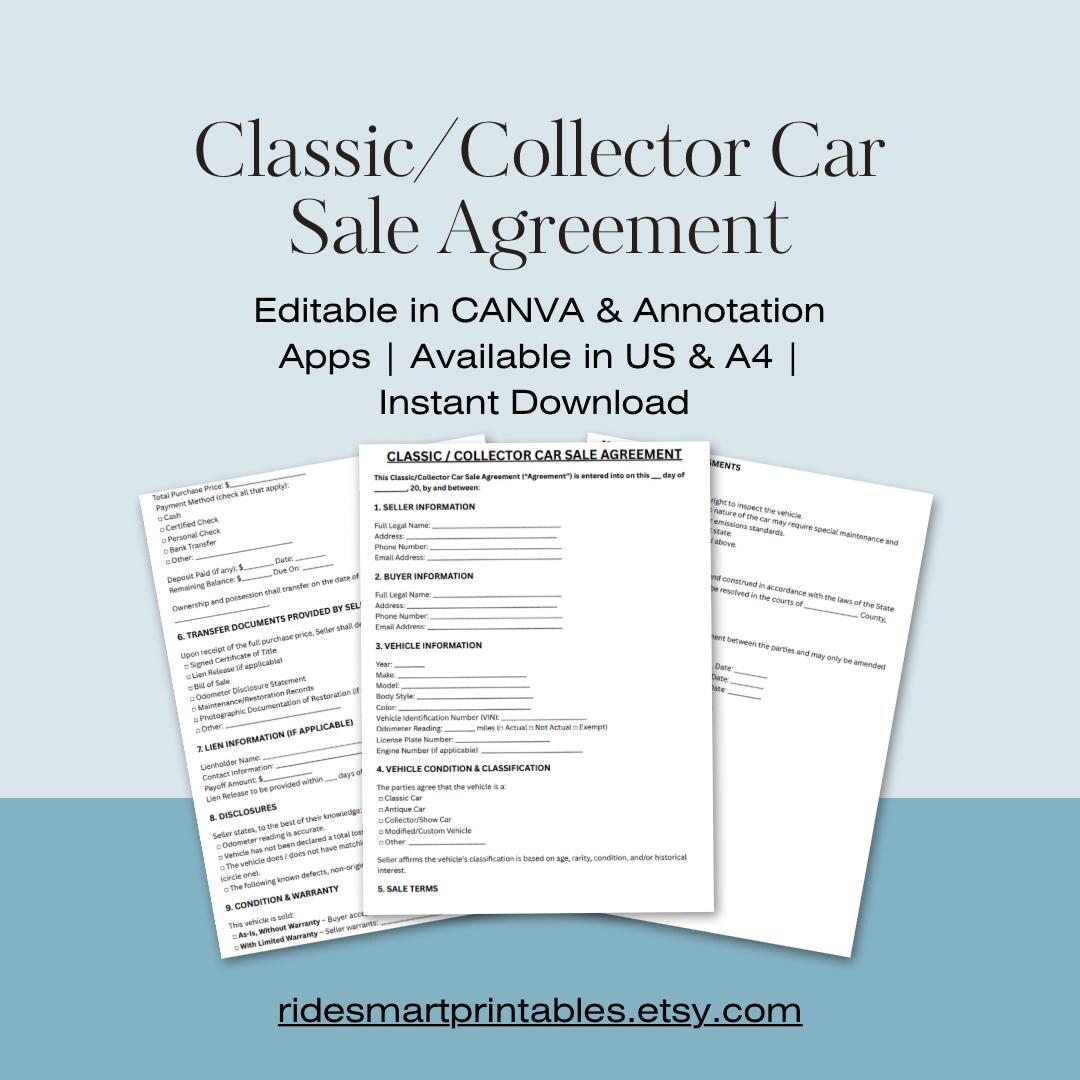 Classic Car Sale Agreement Template – Printable & Fillable PDF for ...