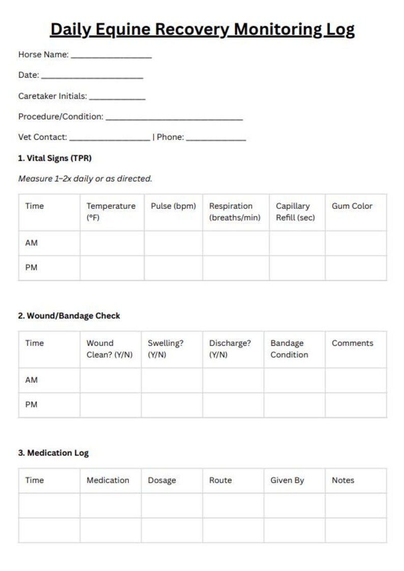 Daily Equine Recovery Log | Printable Horse Post-surgery & Rehab ...