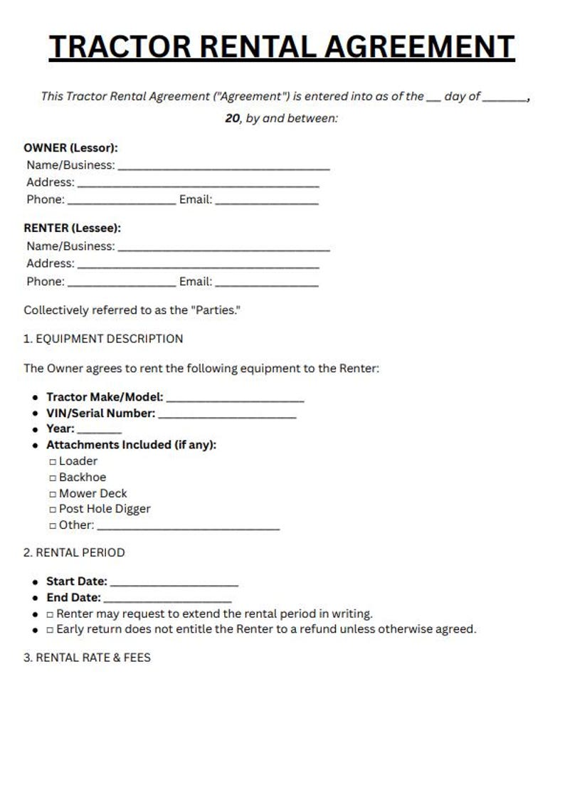 Tractor Rental Agreement Template | Equipment Lease Contract | Editable ...