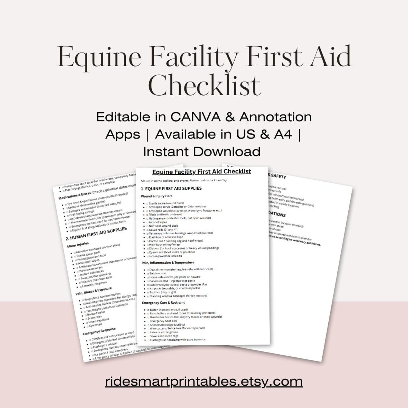 Equine First Aid Checklist: Horse & Human Emergency Supplies (printable ...