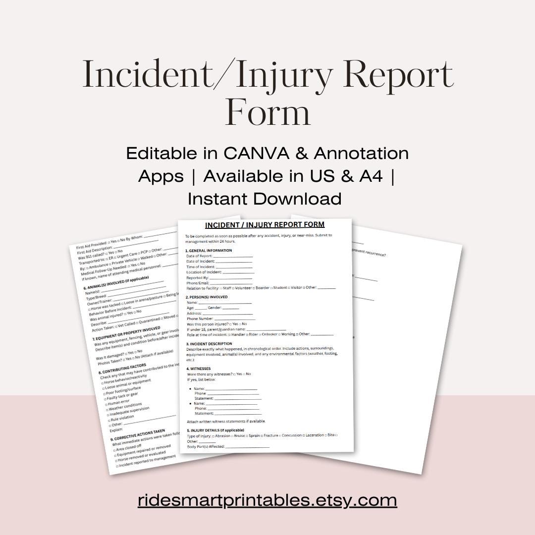 Incident & Injury Report Form for Barns | Printable Equine Accident ...